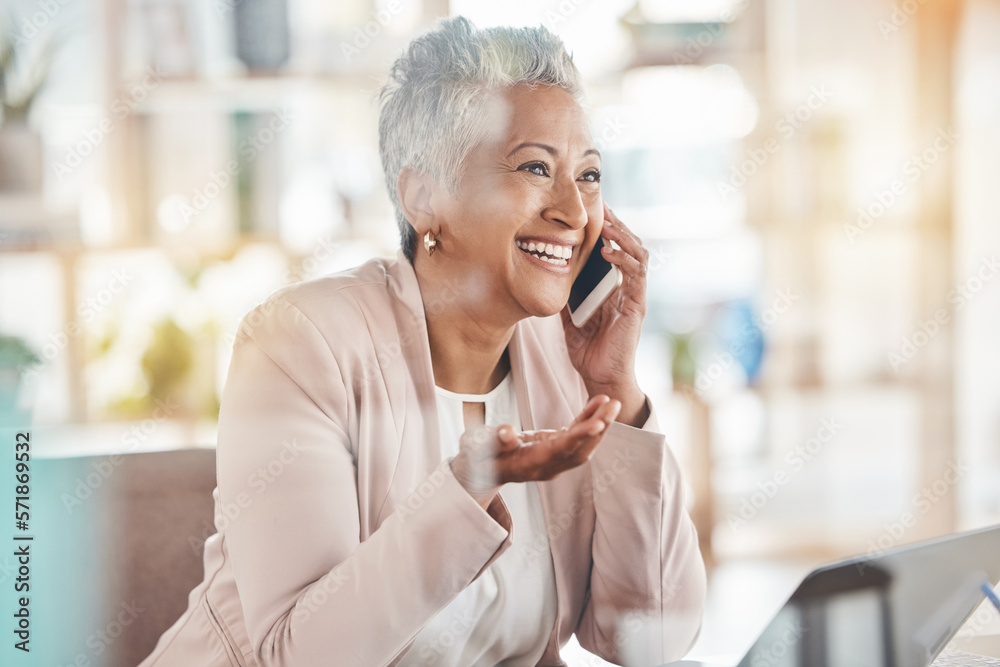 Happy, phone call and senior business woman in office for communication ...