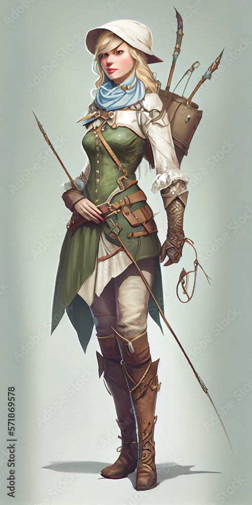 close up of beautiful white female elf ranger, longbow, high boots ...