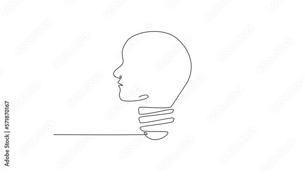 Animation of one single line drawing of human head light bulb logo ...