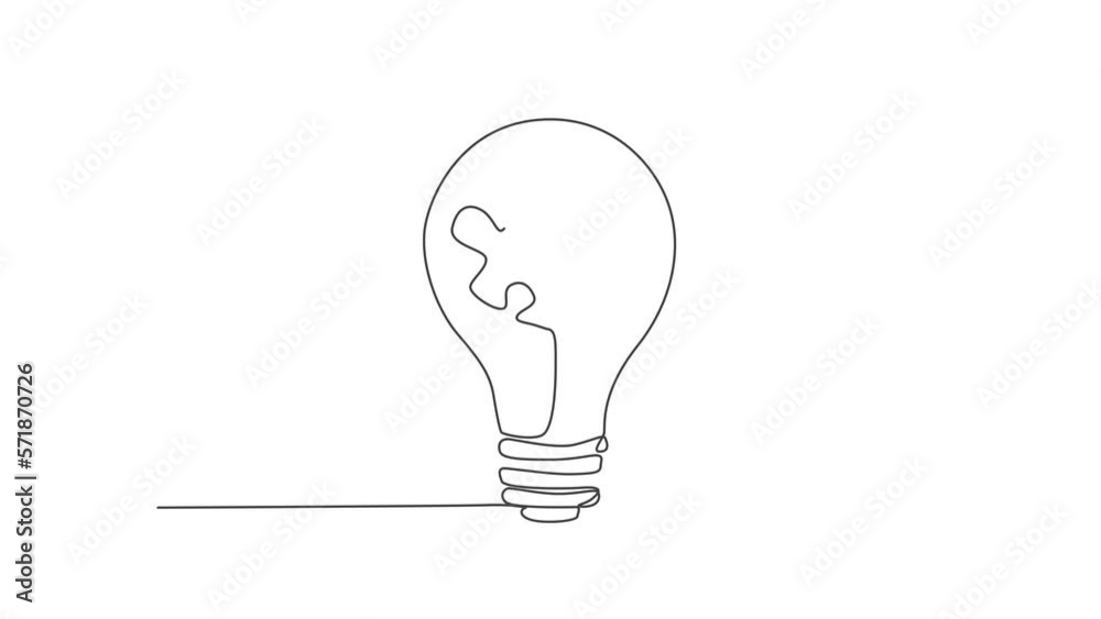 Animation of one single line drawing of lightbulb with piece of puzzle ...
