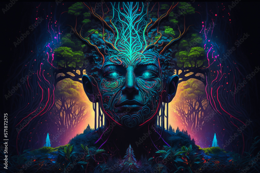 Concept of psychedelics, ayahuasca hallucination colorful neon glow ...