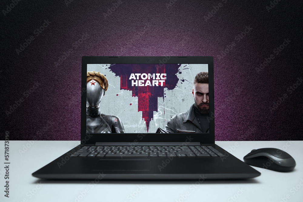 Atomic Heart computer game logo on laptop screen. Moscow, Russia ...