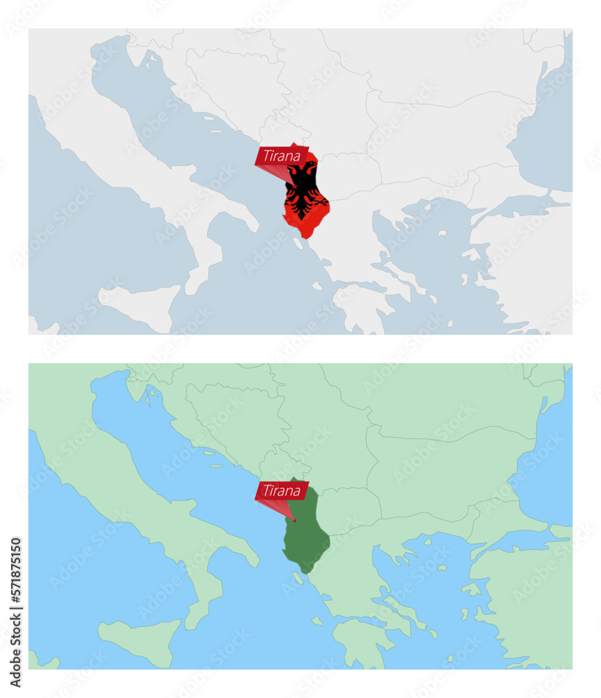 Albania map with pin of country capital. Two types of Albania map with ...