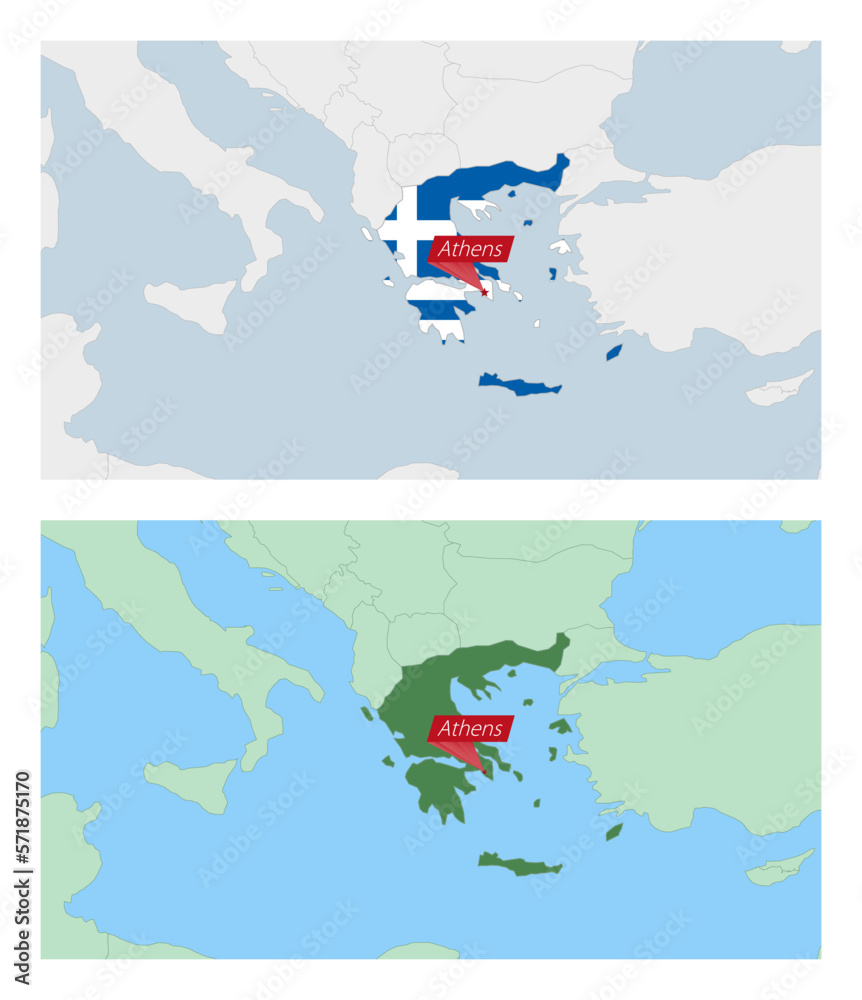 Greece map with pin of country capital. Two types of Greece map with ...