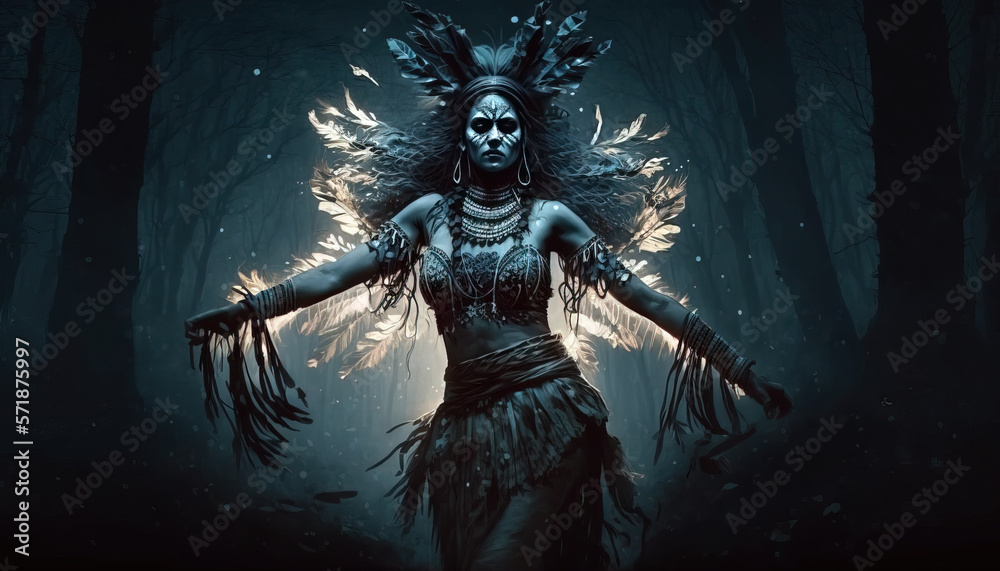 Shaman woman / witch evoking spirits in a mysterious night forest. Post ...