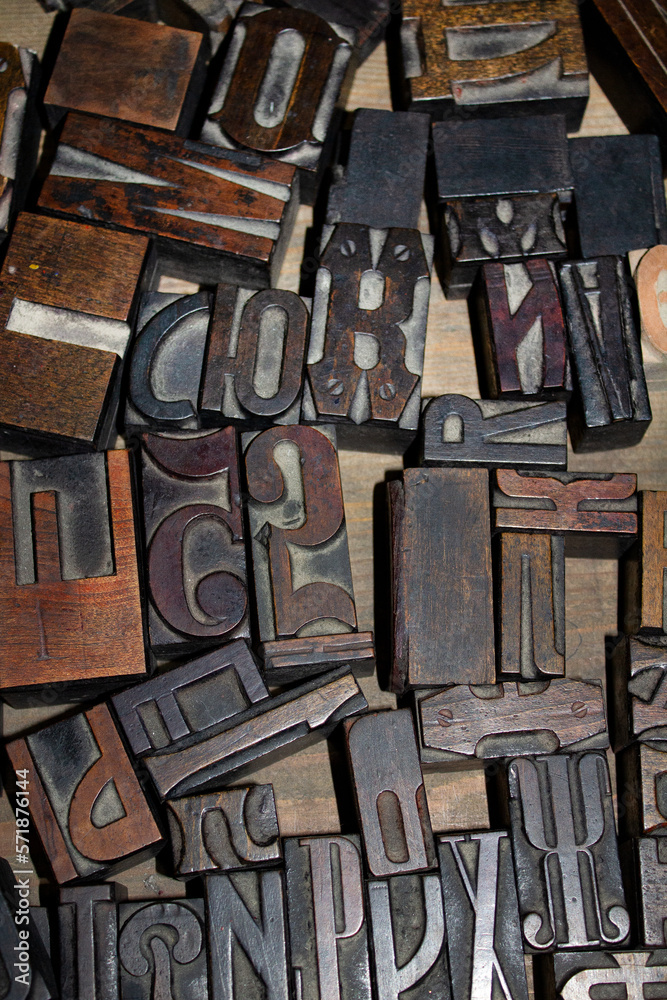 Set of old wooden letters for typography. Vintage background. Letter ...