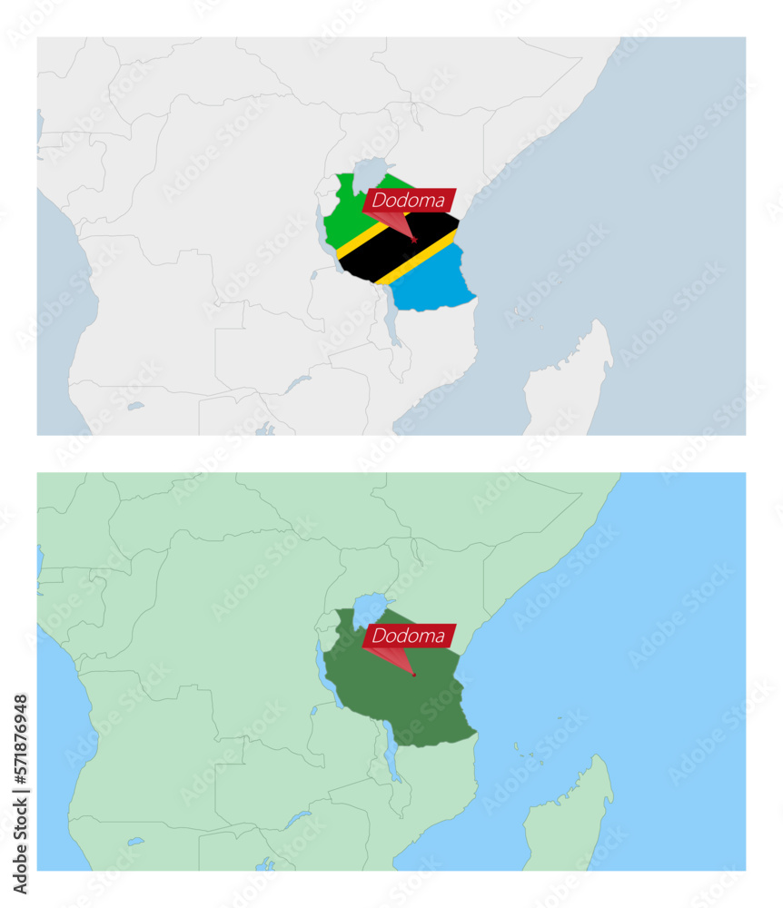 Tanzania map with pin of country capital. Two types of Tanzania map ...
