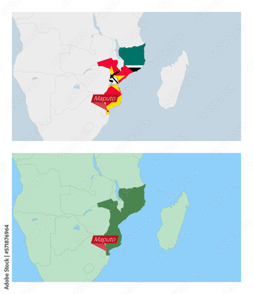 Mozambique map with pin of country capital. Two types of Mozambique map ...