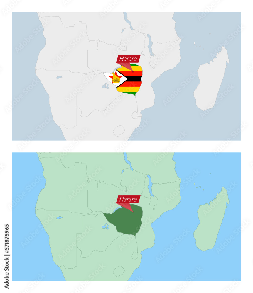Zimbabwe map with pin of country capital. Two types of Zimbabwe map ...
