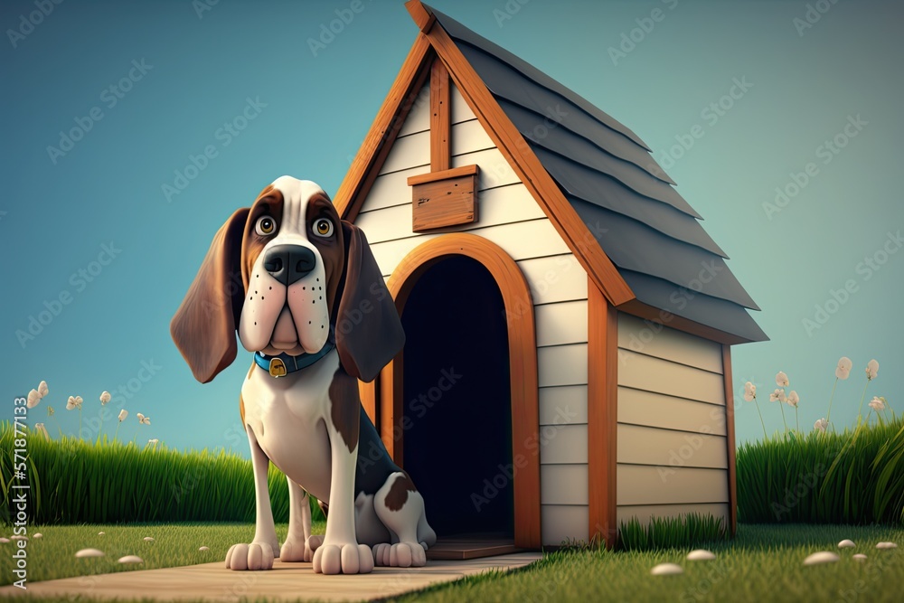 Cute Cartoon Dog in Front of a Dog House (Created with Generative AI) Stock Illustration | Adobe ...