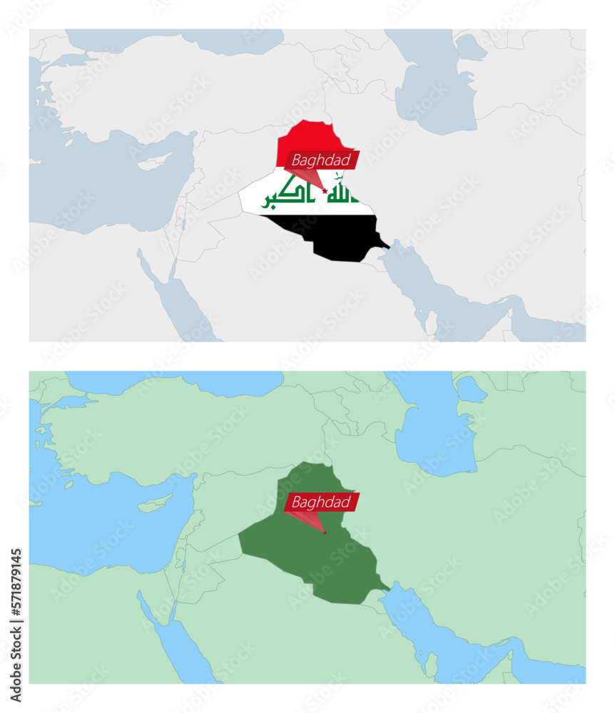 Iraq map with pin of country capital. Two types of Iraq map with ...