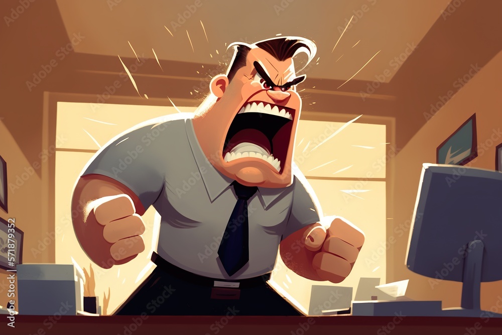 an illustration of an angry screaming male boss in an office as a ...