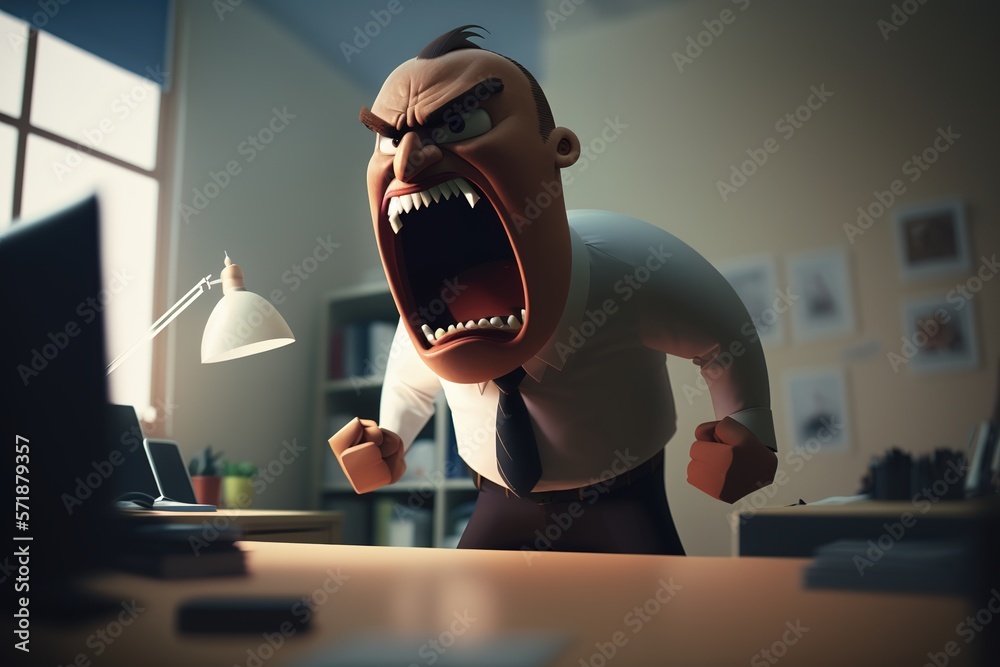 an illustration of an angry screaming male boss in an office as a ...