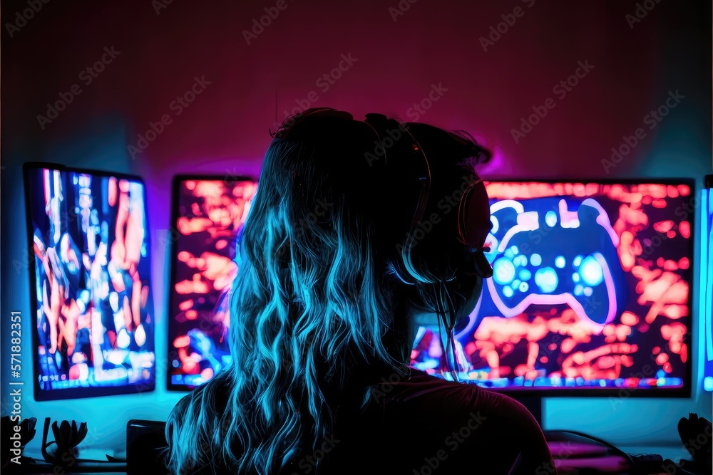 Generative AI illustration of female gamer against screens at night ...