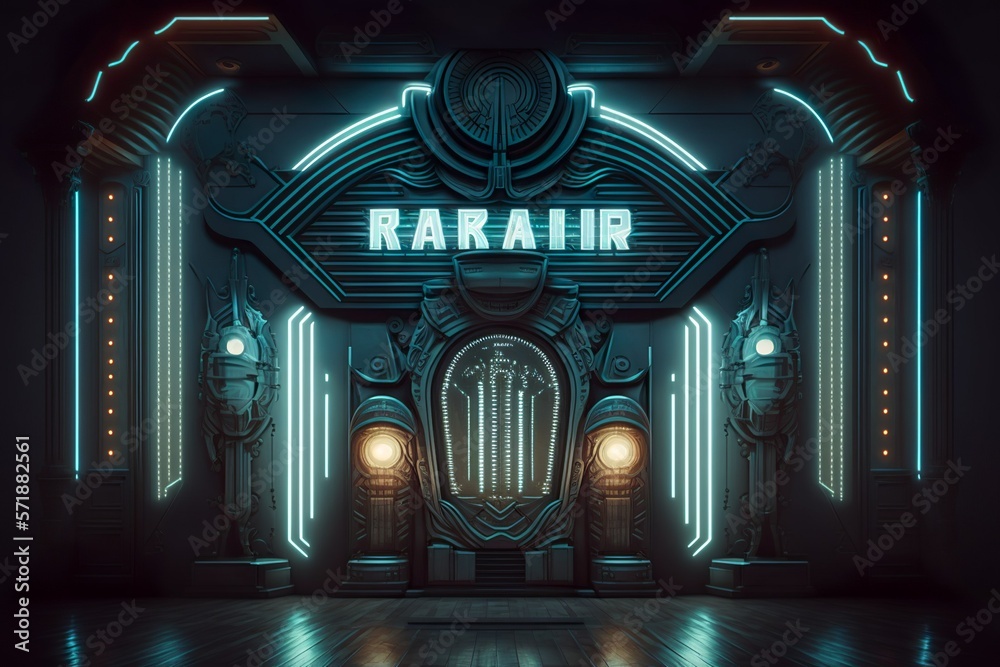 Dark sci-fi cyberpunk computer room with terminal screen device and ...