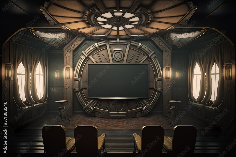 Dark sci-fi art deco victorian theater hall interior full of mechanical ...