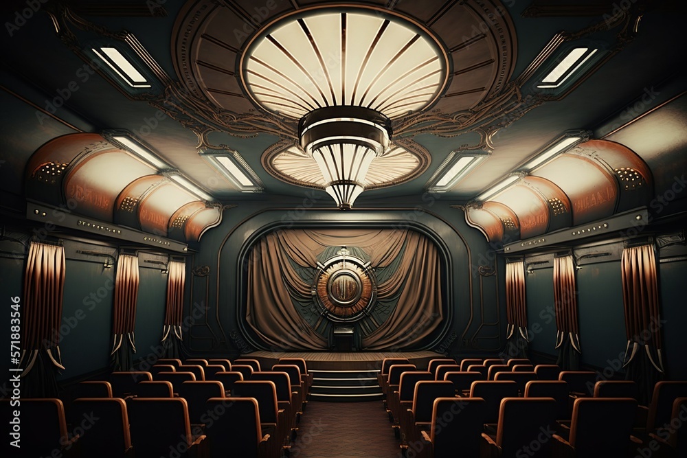 Dark sci-fi art deco victorian theater hall interior full of mechanical ...