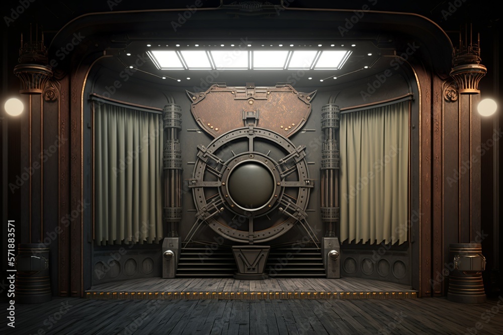 Dark sci-fi art deco victorian theater hall interior full of mechanical ...