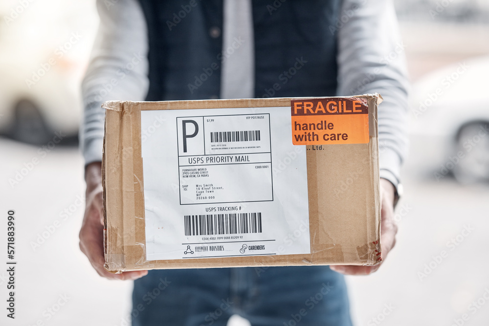 Fragile box, courier hands and delivery man with retail sales product ...