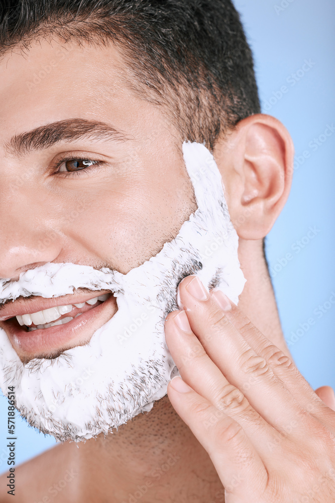 Shaving, foam and smile on face, man with hand on beard, product ...