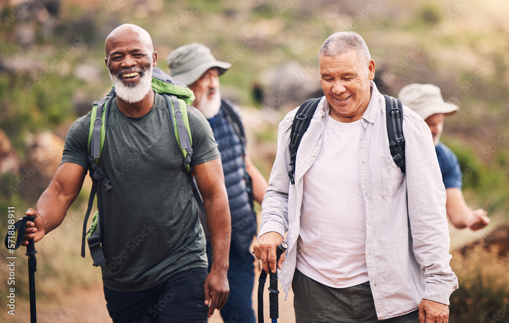 Hiking, nature and group of old men on mountain for fitness, trekking and backpacking adventure ...