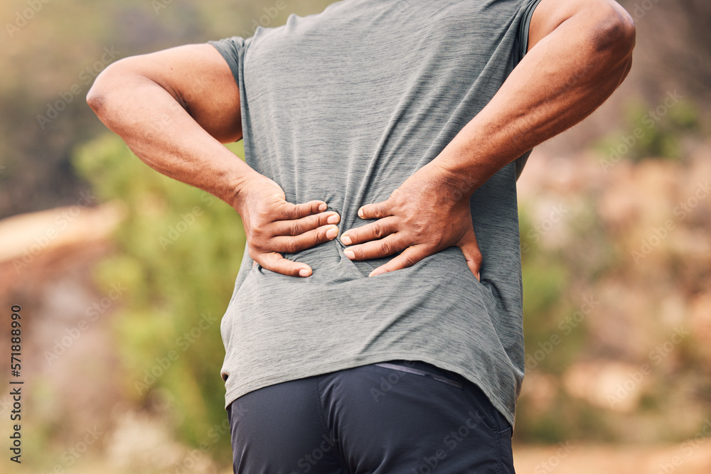 Man with back pain, sport injury and outdoor hiking, spine and health ...