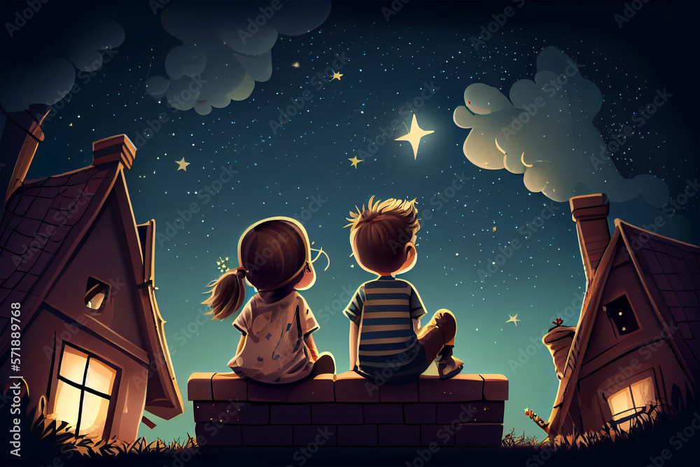 Children at night watching stars in the blue sky Stock Illustration ...