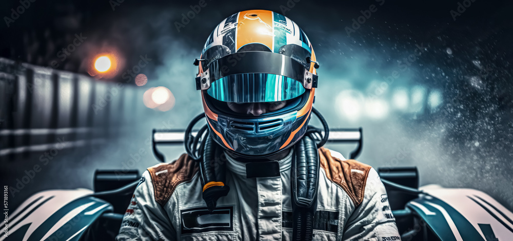 formula one racing driver before start of competition on track. Banner ...