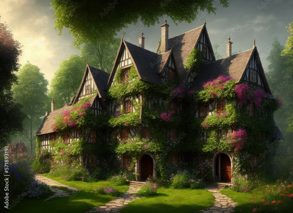 Courtyard of an old medieval house. Fantasy background. AI generated ...