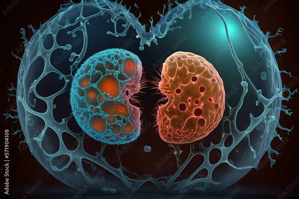 Two microscopic organisms, single cell, merge into one in valentines ...