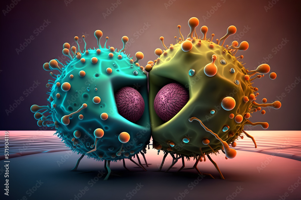 Two microscopic organisms, single cell, merge into one in valentines ...