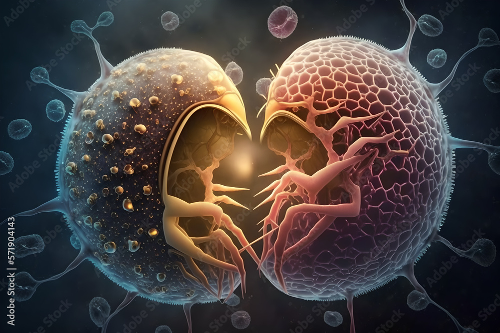 Two microscopic organisms, single cell, merge into one in valentines ...