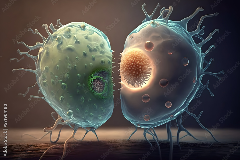 Two microscopic organisms, single cell, merge into one in valentines ...