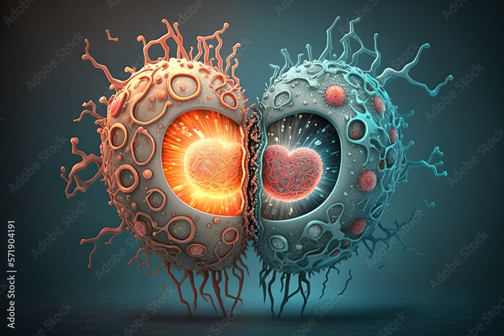 Two microscopic organisms, single cell, merge into one in valentines ...