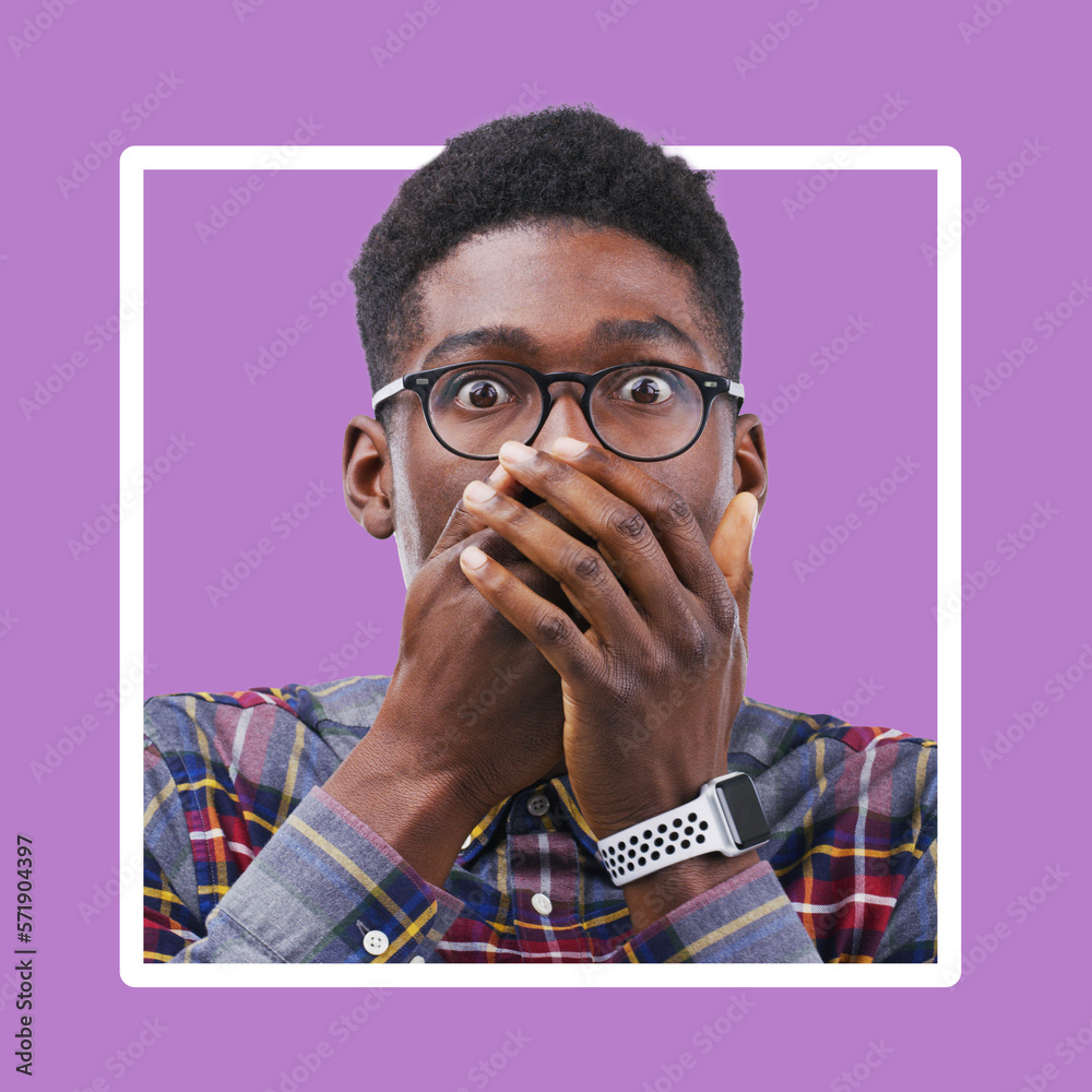 Portrait, black man and hands over mouth for wow, shocked news and ...