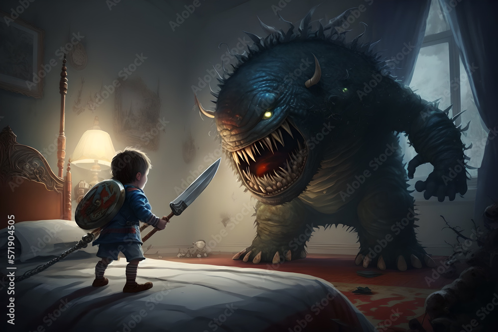A brave young boy fights the monster under the bed in his room at night ...