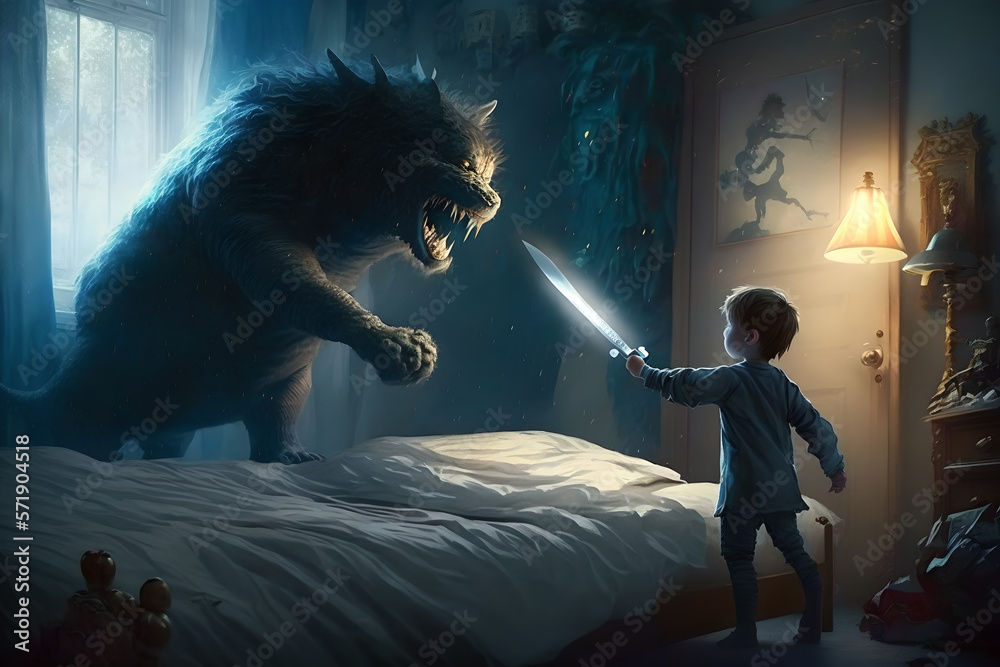 A brave young boy fights the monster under the bed in his room at night ...