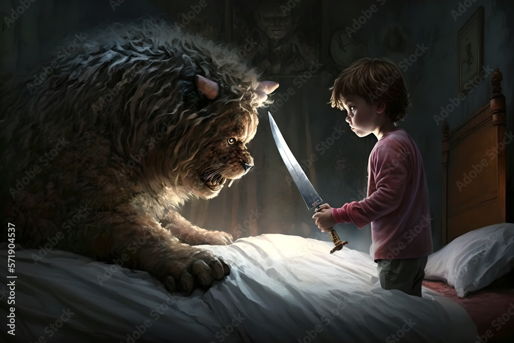 A brave young boy fights the monster under the bed in his room at night ...
