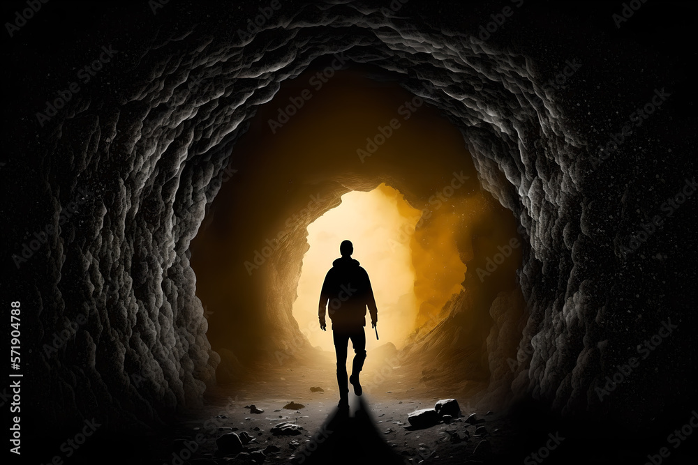 A man standing at the entrance to the light at the end of a long ...