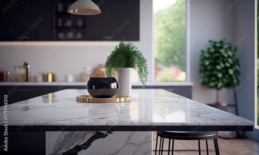 Marble table with modern kitchen background for product display ...