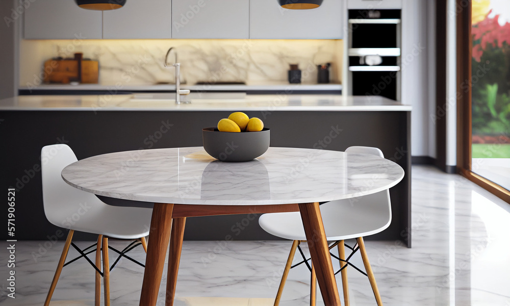 Marble table with modern kitchen background for product display ...