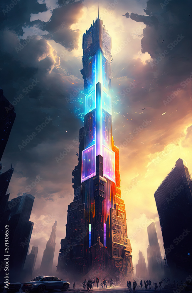 Giant futuristic cyberpunk tower, vivid colors, god rays. Generative AI ...