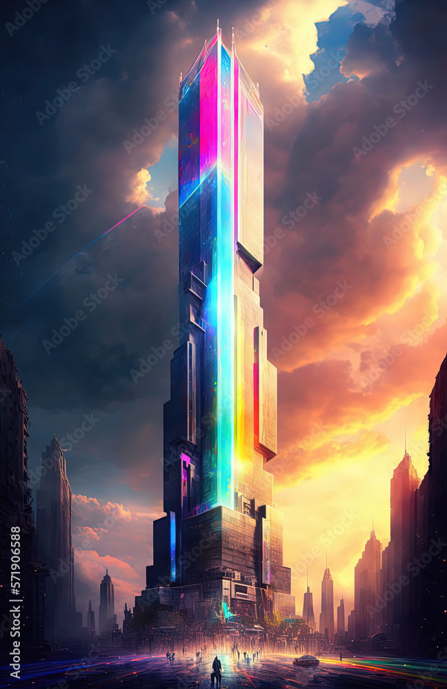 Giant futuristic cyberpunk tower, vivid colors, god rays. Generative AI ...