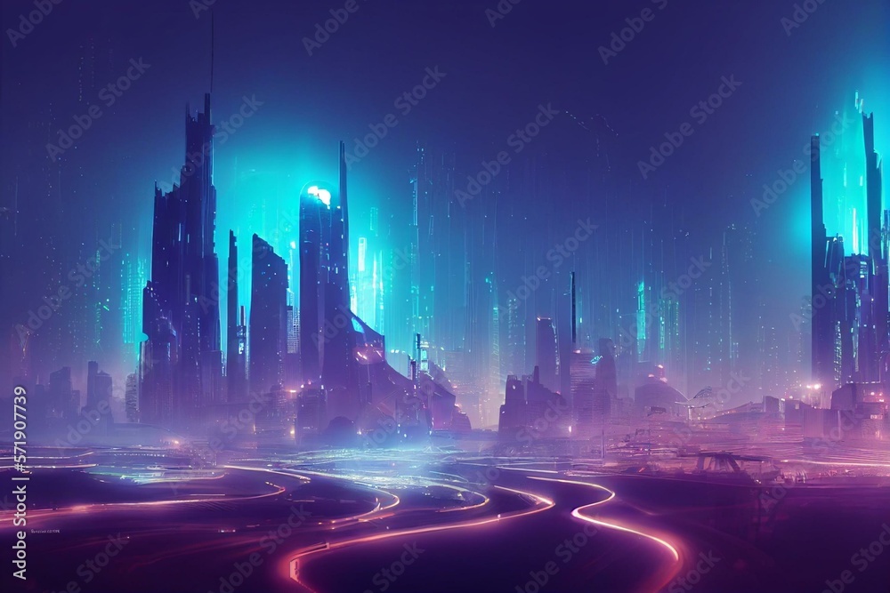 Night city Cyber punk landscape concept. Light glowing on dark scene ...