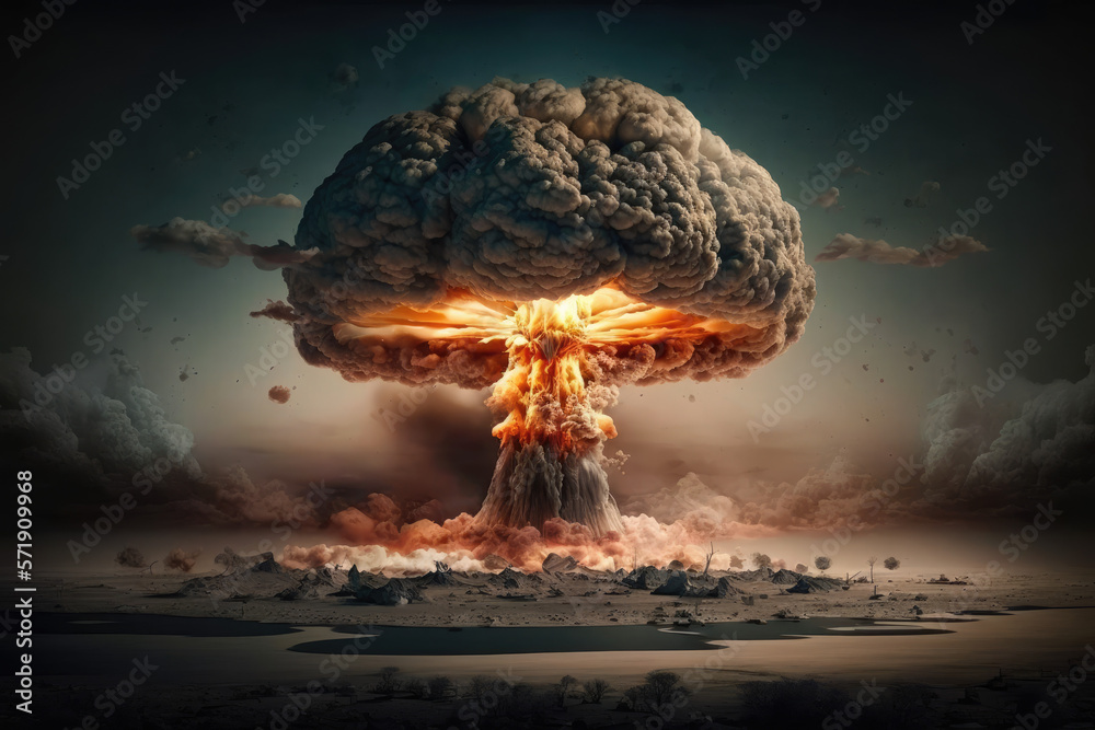 Nuclear explosion of an atom bomb with a mushroom cloud causing an ...