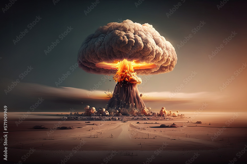 Nuclear explosion of an atom bomb with a mushroom cloud causing an ...