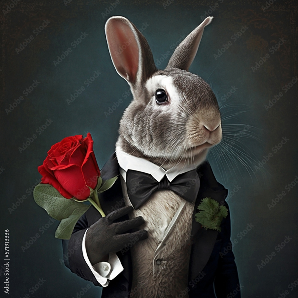 A grey rabbit gentleman in a black tuxedo holds a red rose in his paw ...