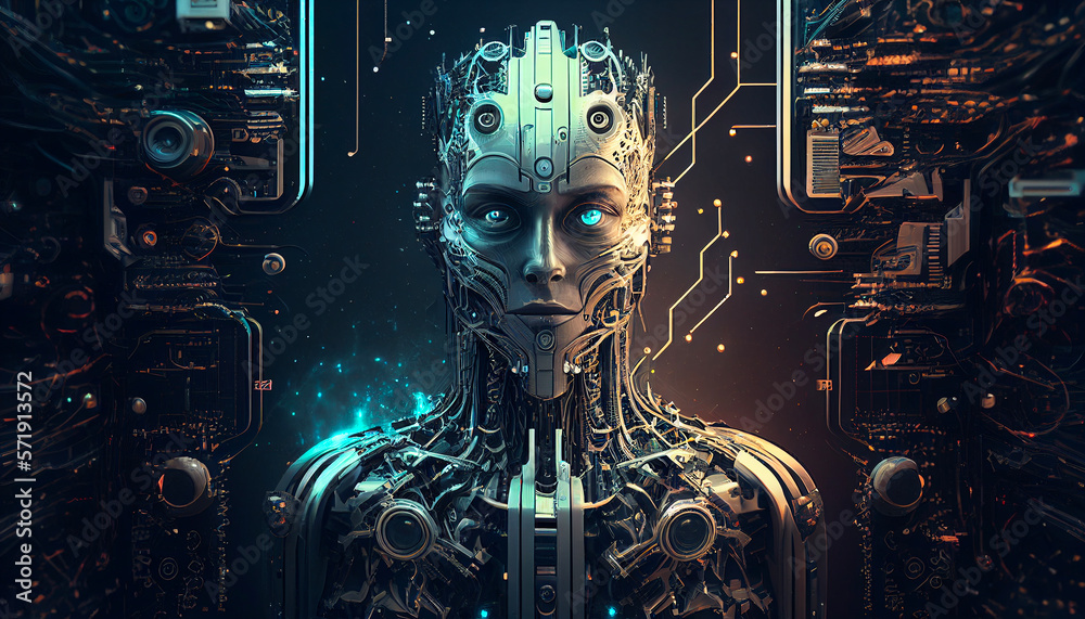 Cyborg connected to the network on a futuristic scene background. 3D ...