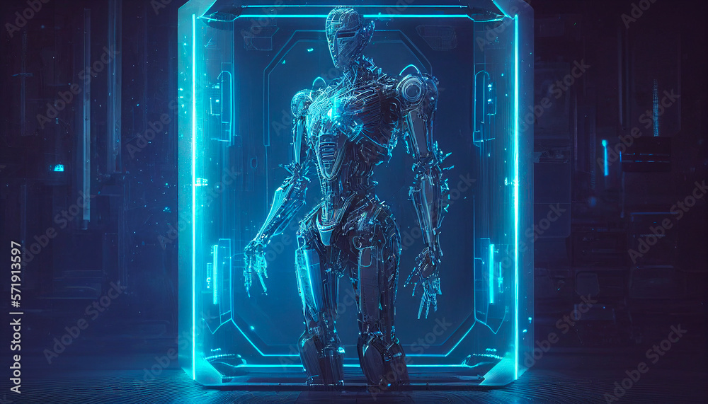 3d rendering cyborg connect to the matrix, in front of futuristic ...