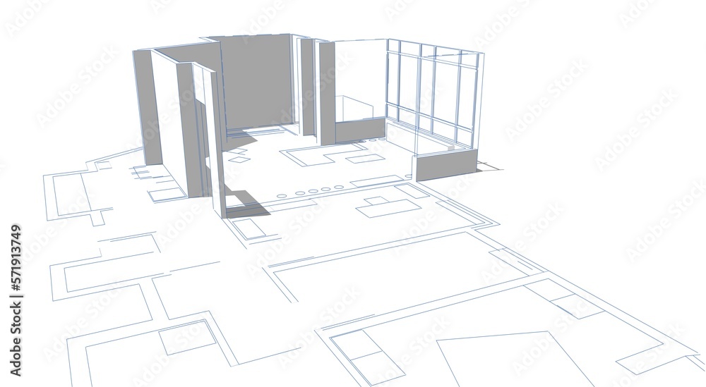 Architectural 3d illustration of a house plan both 2d and 3d. Living ...